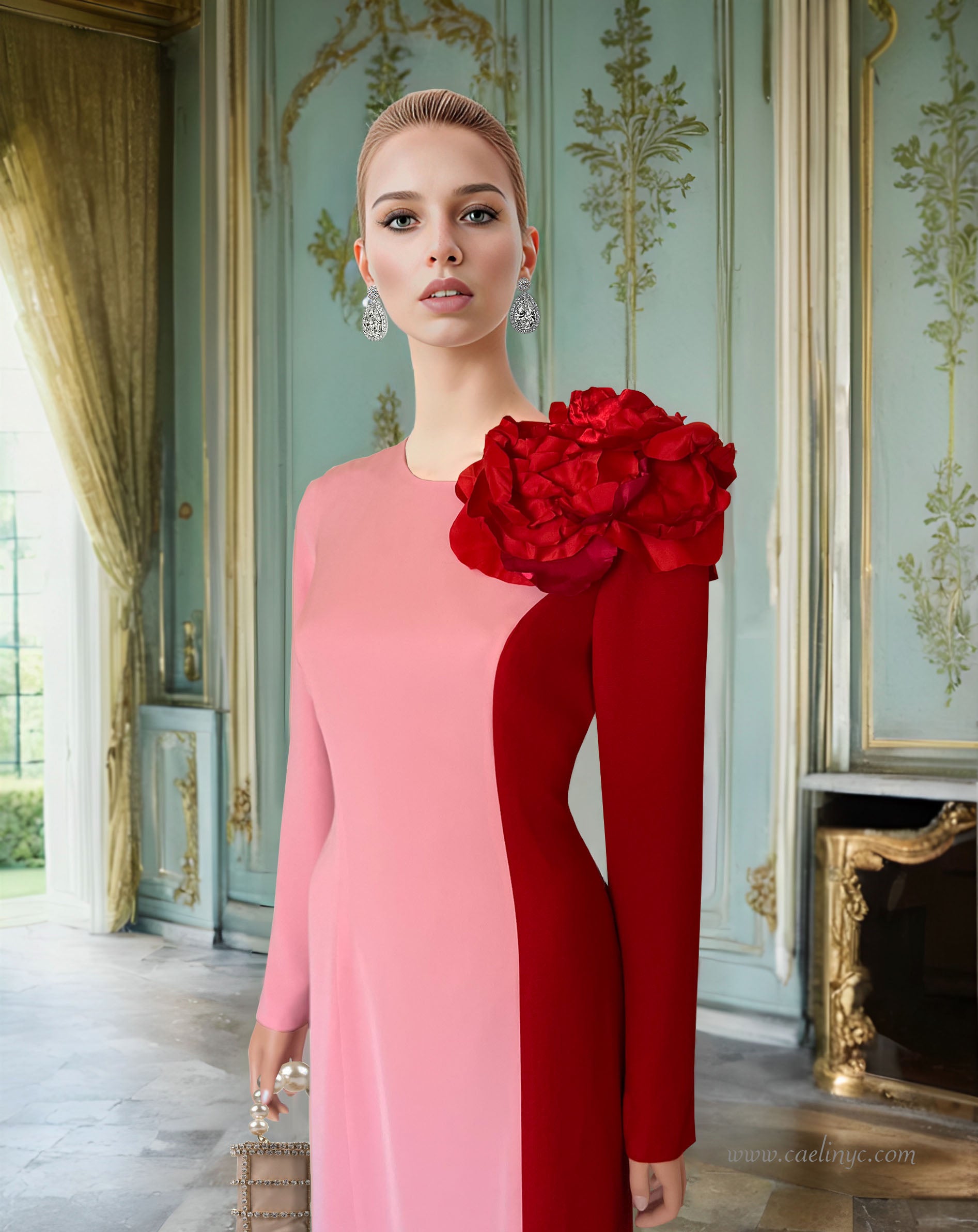 English Rose Color Block Long Sleeve Gown with Statement Flower – CaeliNYC